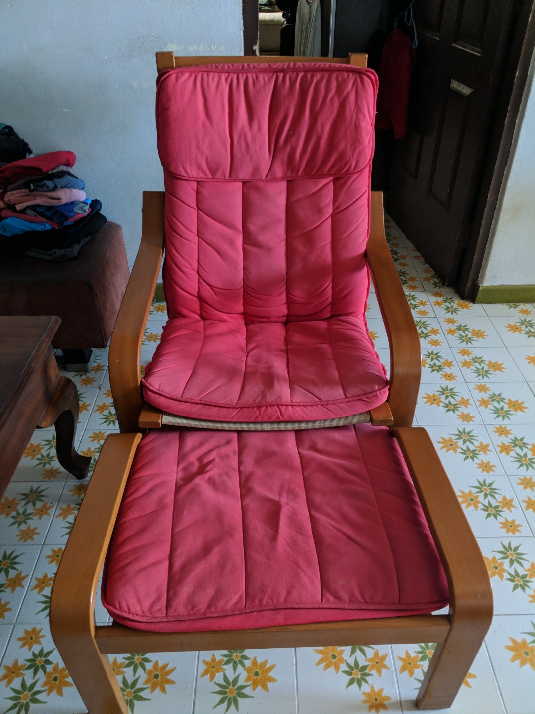 IKEA Poang Armchair with stool, Furniture & Home Living, Furniture ...