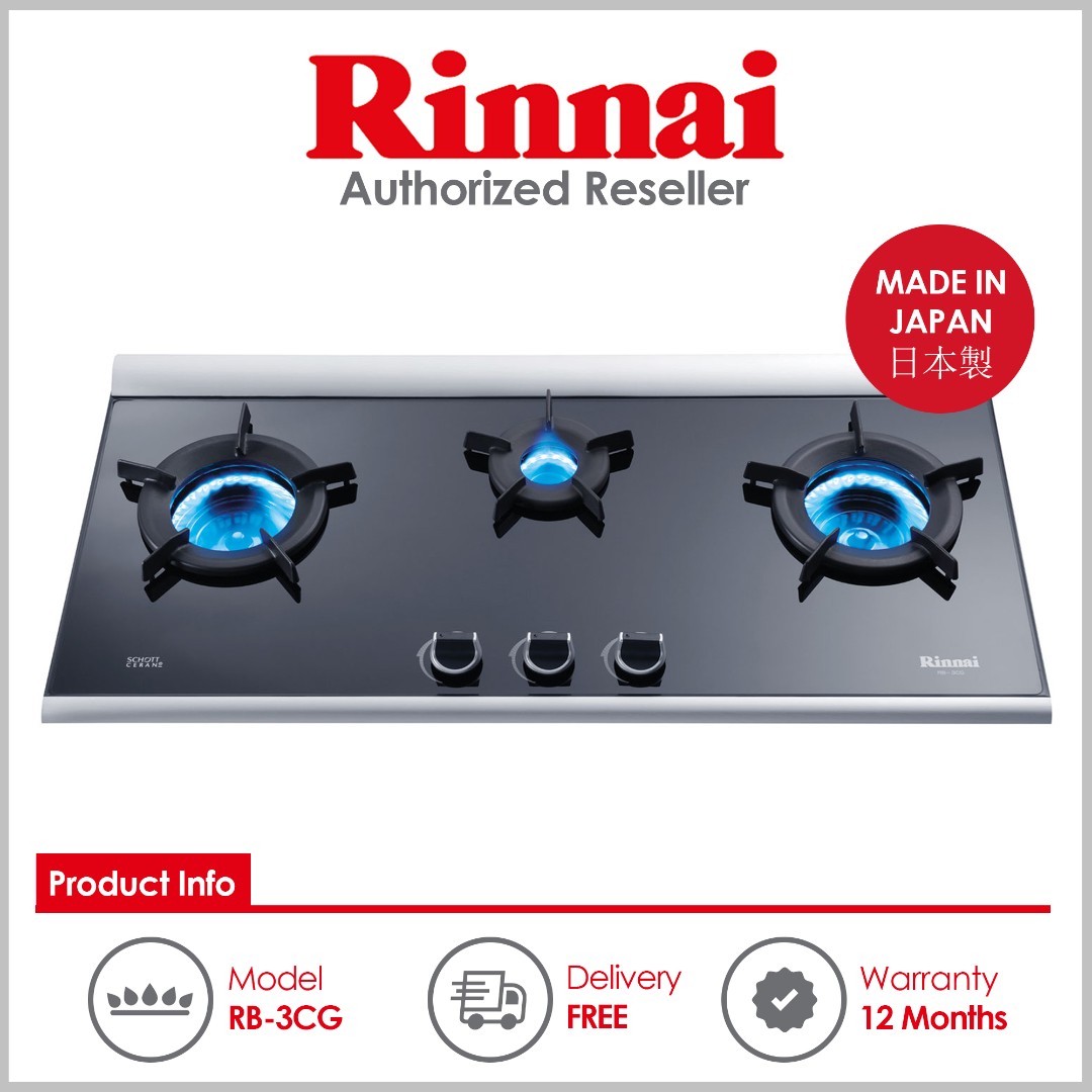 Rinnai (RB-3CG) 3 Inner Burner Built-In Gas Hob with Schott Ceran Glass Top, Furniture & Home ...