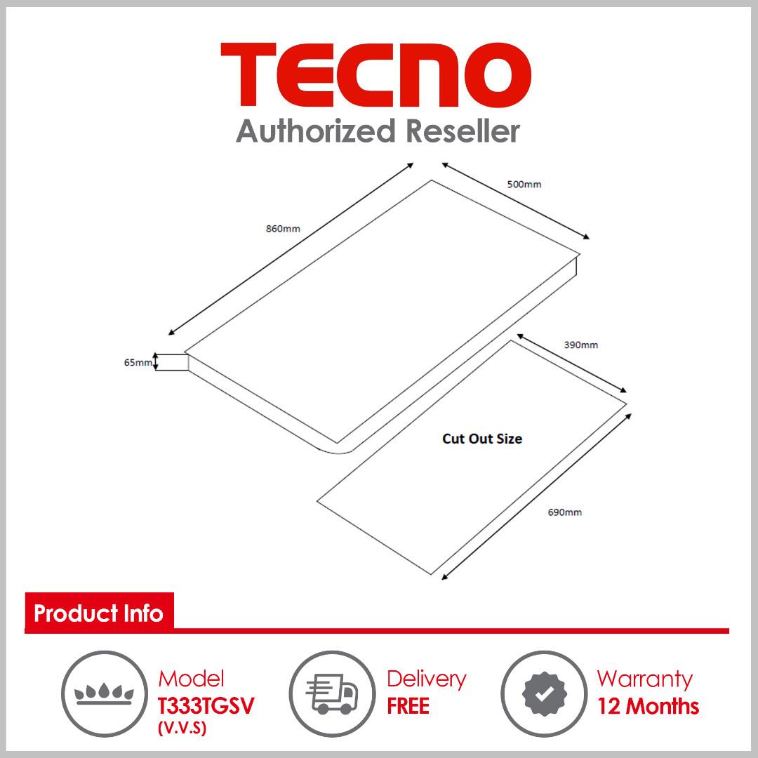 Tecno ( T333TGSV V.V.S ) 3 Burner Built-In Gas Hob with Tempered Glass ...