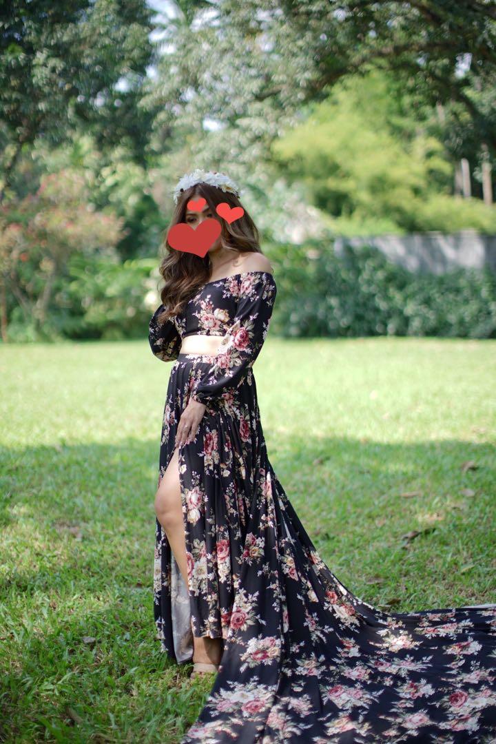 Long trail floral pre nup gown, Women's Fashion, Dresses & Sets ...