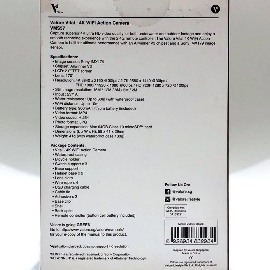 Valore Vital – 4K WiFi Action Camera (VMS57), Photography, Cameras on ...