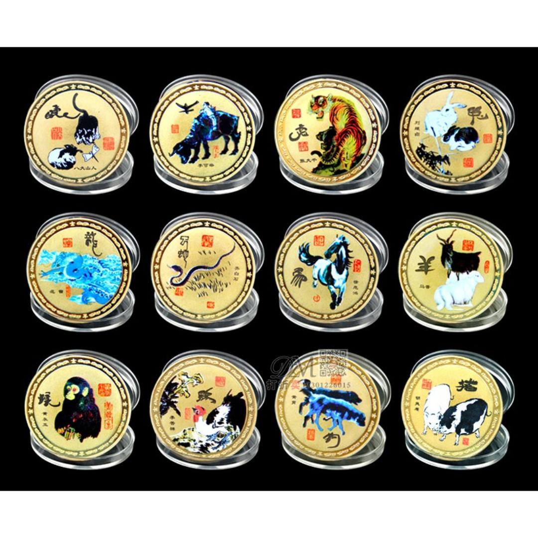 12 Chinese Zodiac Animal Gold Plated Collectible Gift Coin Set, Hobbies ...