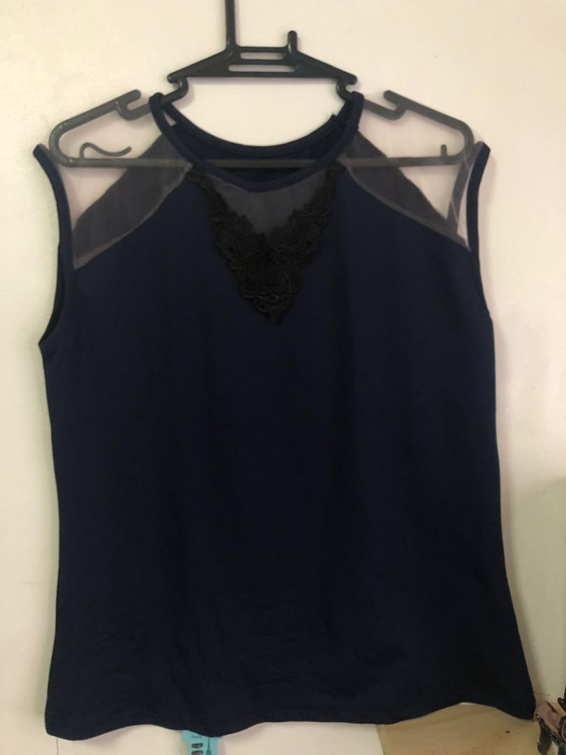 Blue Mesh Top, Women's Fashion, Tops, Sleeveless on Carousell