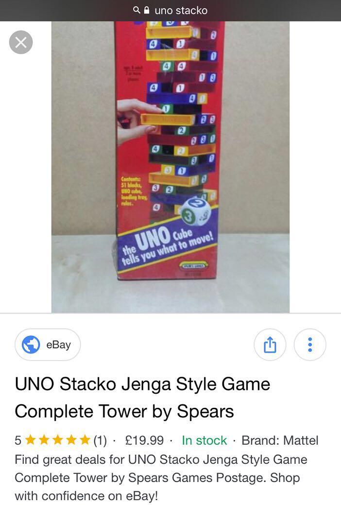 UNO Stacko Jenga Style Party Board Game Puzzle Dice Tower Spears Games ...