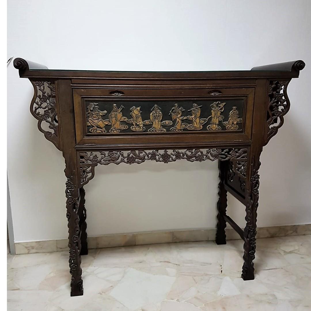 Chinese Altar Table with Eight Immortals Carving, Furniture & Home ...