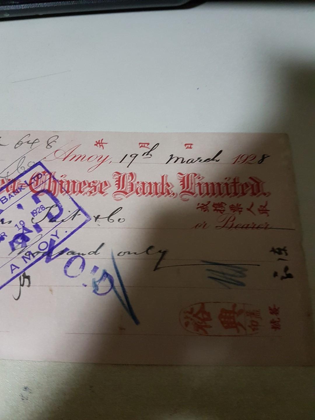1928 The Overseas Chinese bank limited cheque, Hobbies & Toys ...