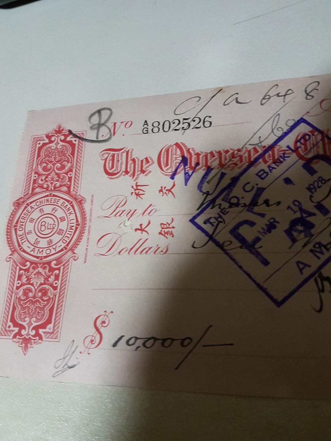 1928 The Overseas Chinese bank limited cheque, Hobbies & Toys ...