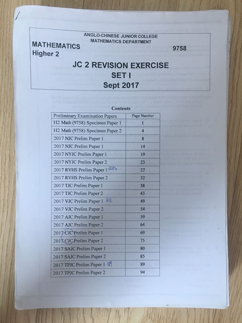ACJC H2 Mathematics Revision Set (Prelim) with Specimen paper and ...