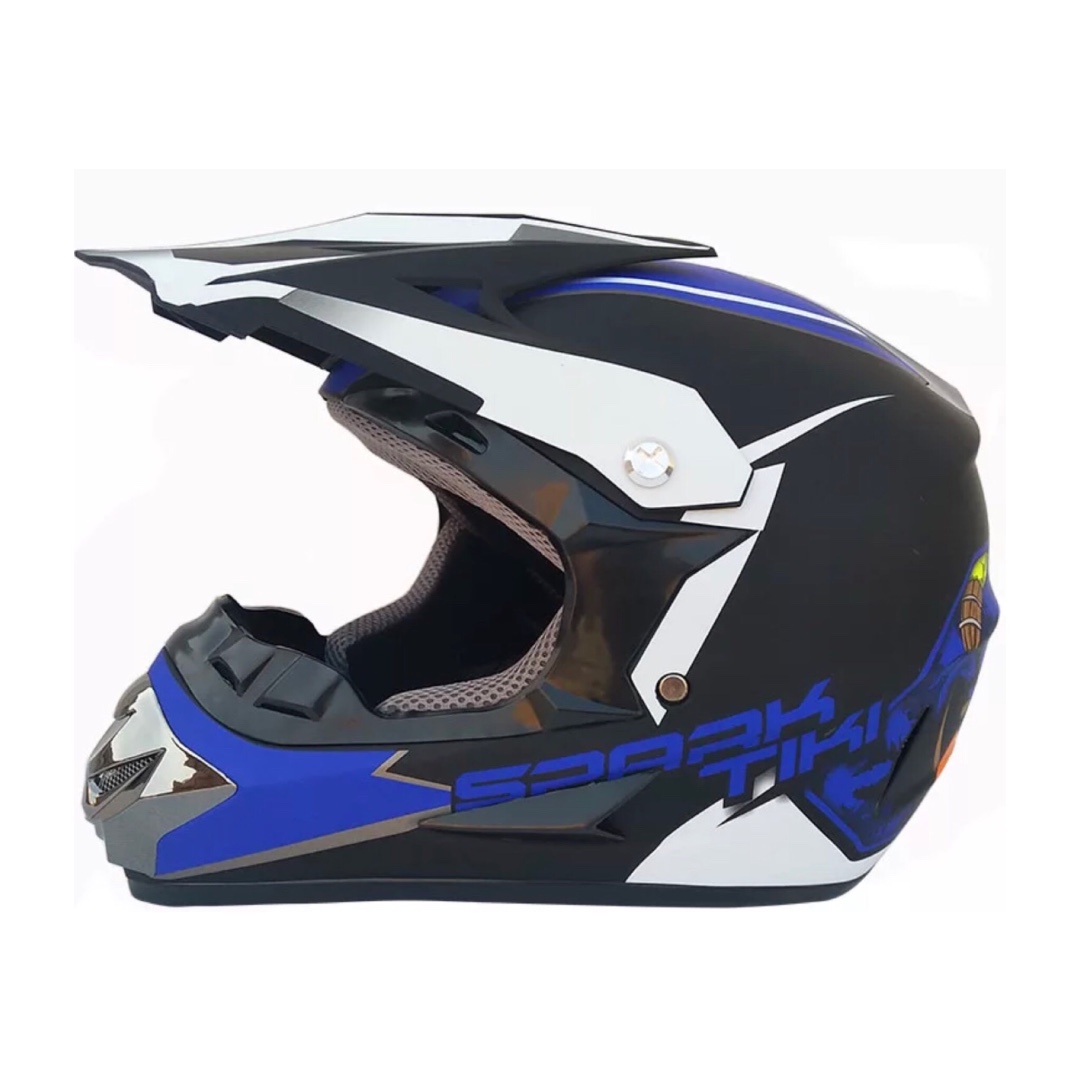 Black with Blue and White Designs Full Face Motorcycle Helmet Scrambler ...