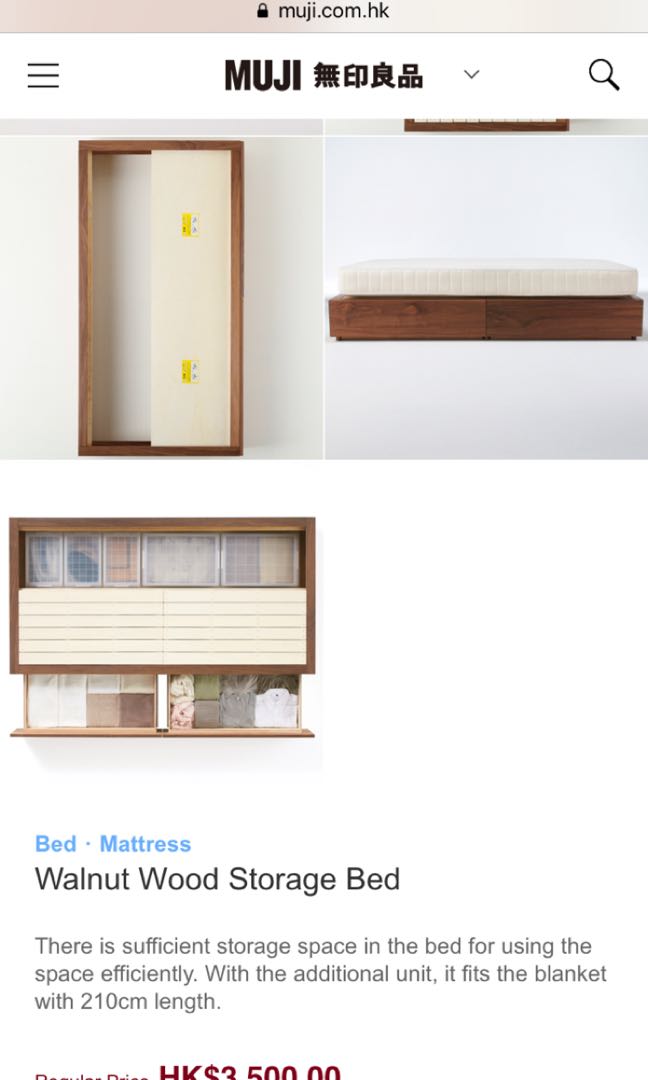MUJI Walnut Single Storage Bed with Headboard and Mattress, 傢俬＆家居, 傢俬 ...
