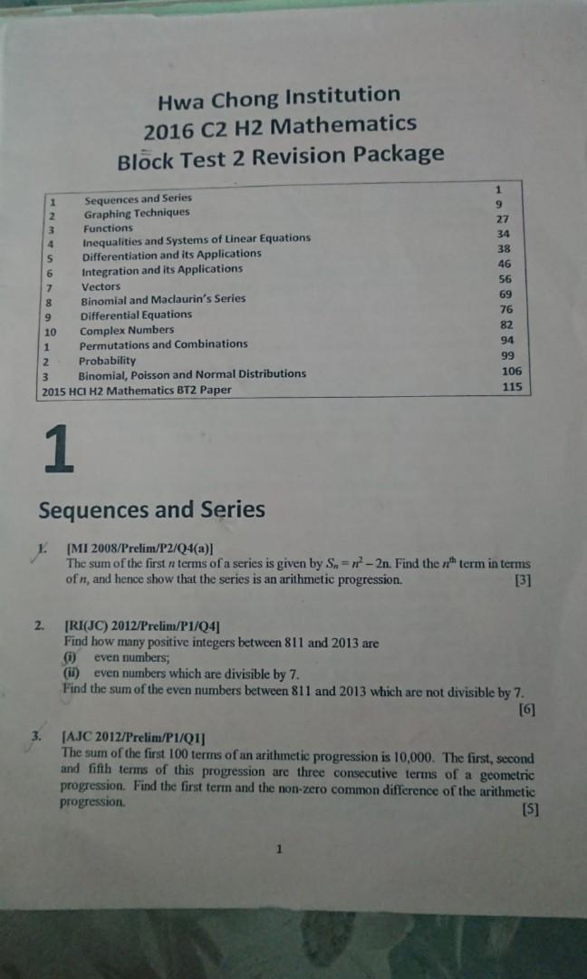 Hwa Chong Institution (HCI) 2015-2016 JC H2 Mathematics Revision ...