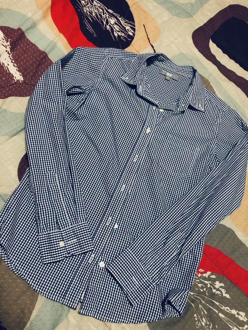 Uniqlo Blue Checkered Polo, Women's Fashion, Tops, Blouses on Carousell