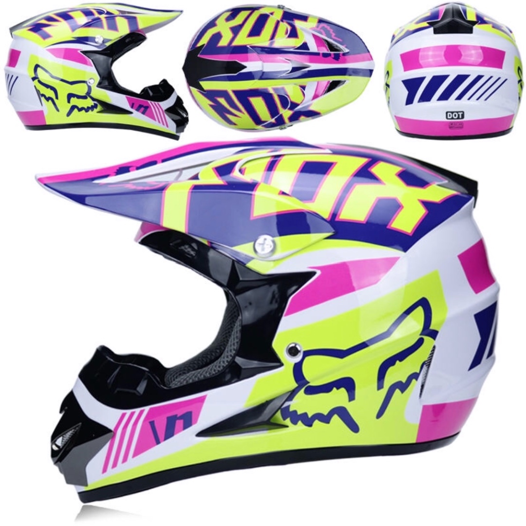 Fox White with Yellow Pink and Purple Designs Full Face Motorcycle ...