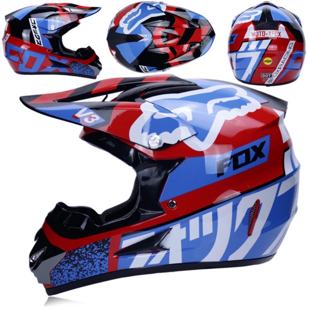 Fox Blue with Red Black White Designs Full Face Motorcycle Helmet ...