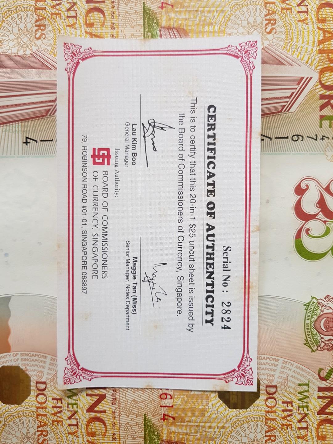 20 in 1 $25 Uncut currency note sheets Lion MAS Comemorarive UNC AsiAn ...