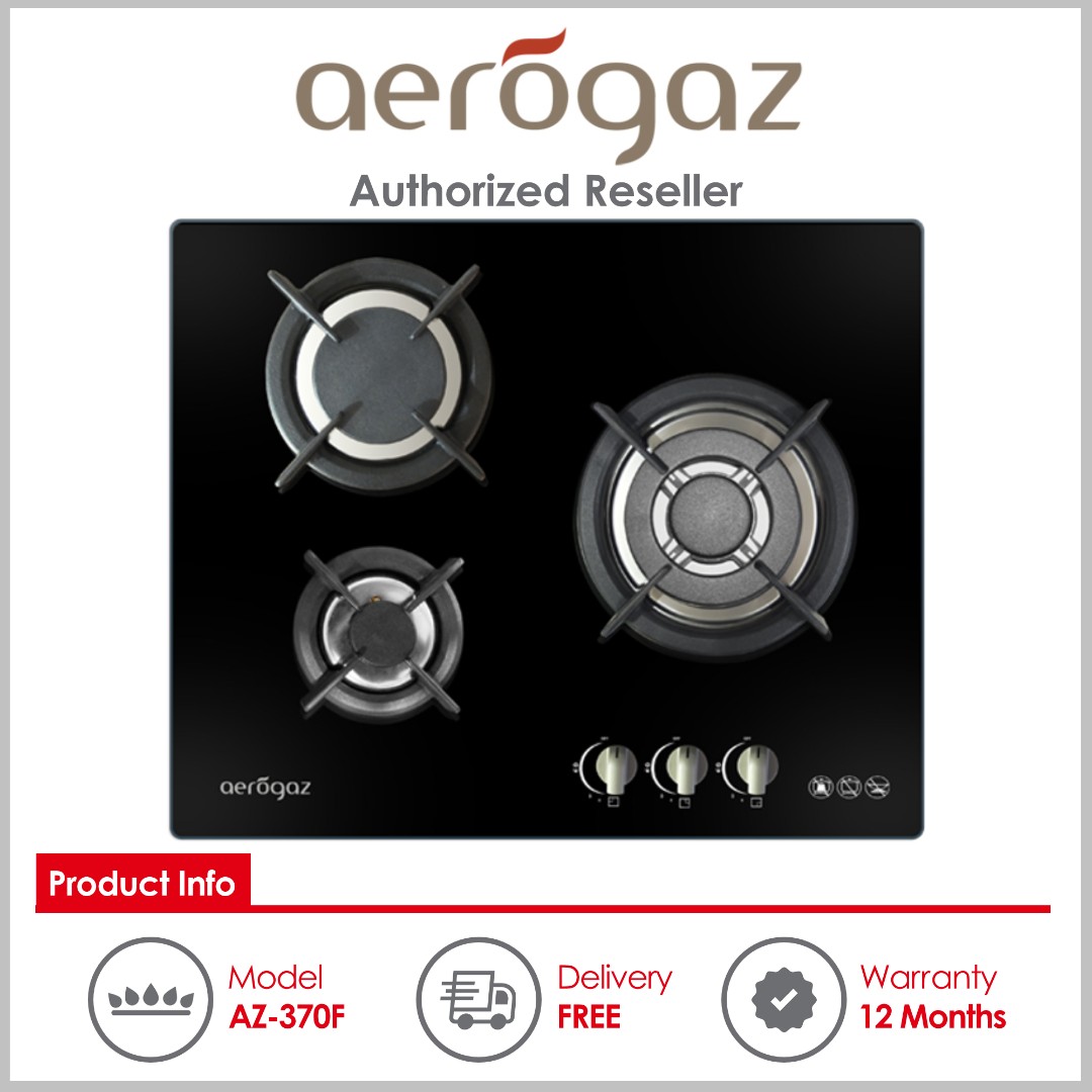 Aerogaz ( AZ-370F ) 3 Burner Built-In Gas Hob with Tempered Glass Top ...