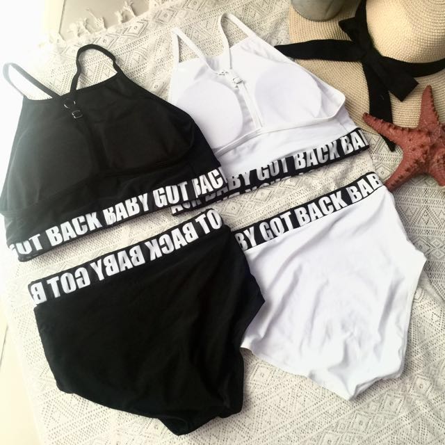 Ready Stock! Sporty Typo Rave Party Swimsuit In Black And White Halter ...