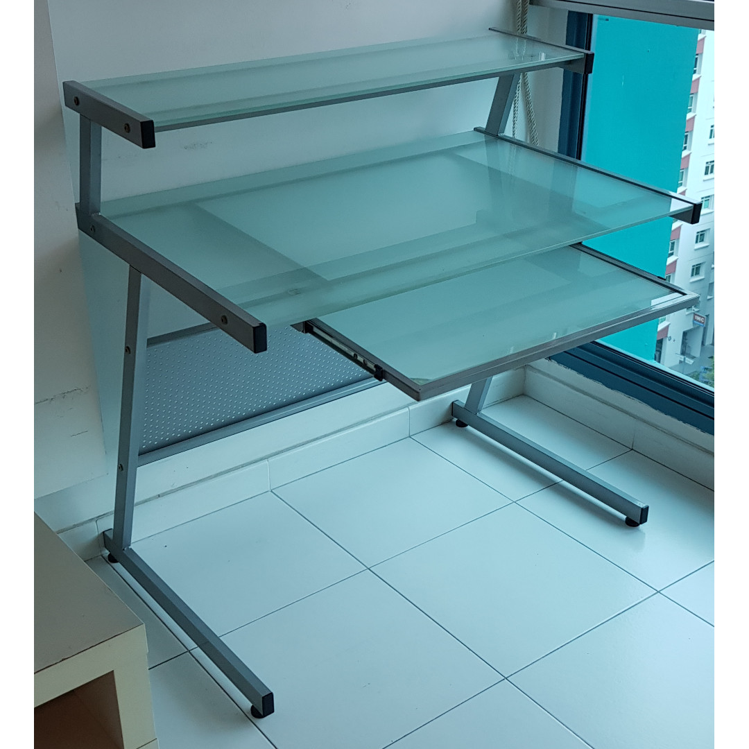 Glass computer table / study desk with monitor stand, Furniture & Home ...
