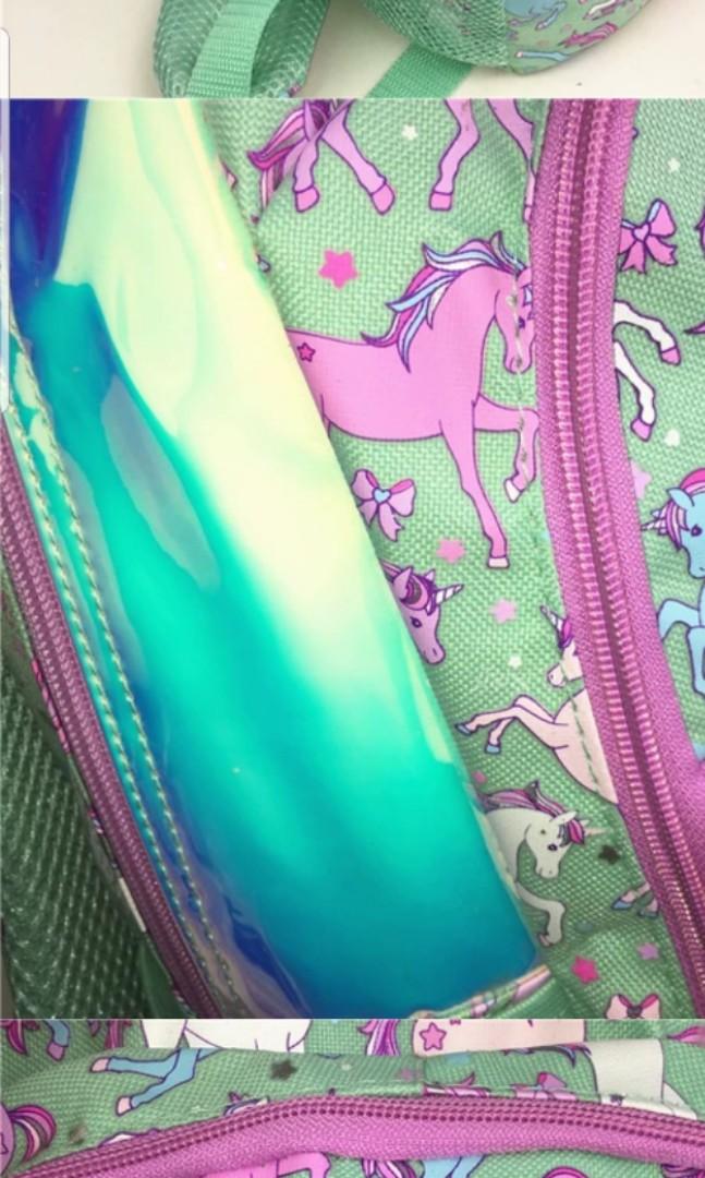 Smiggle unicorn backpack, in mint green pink amd purple color. With ...