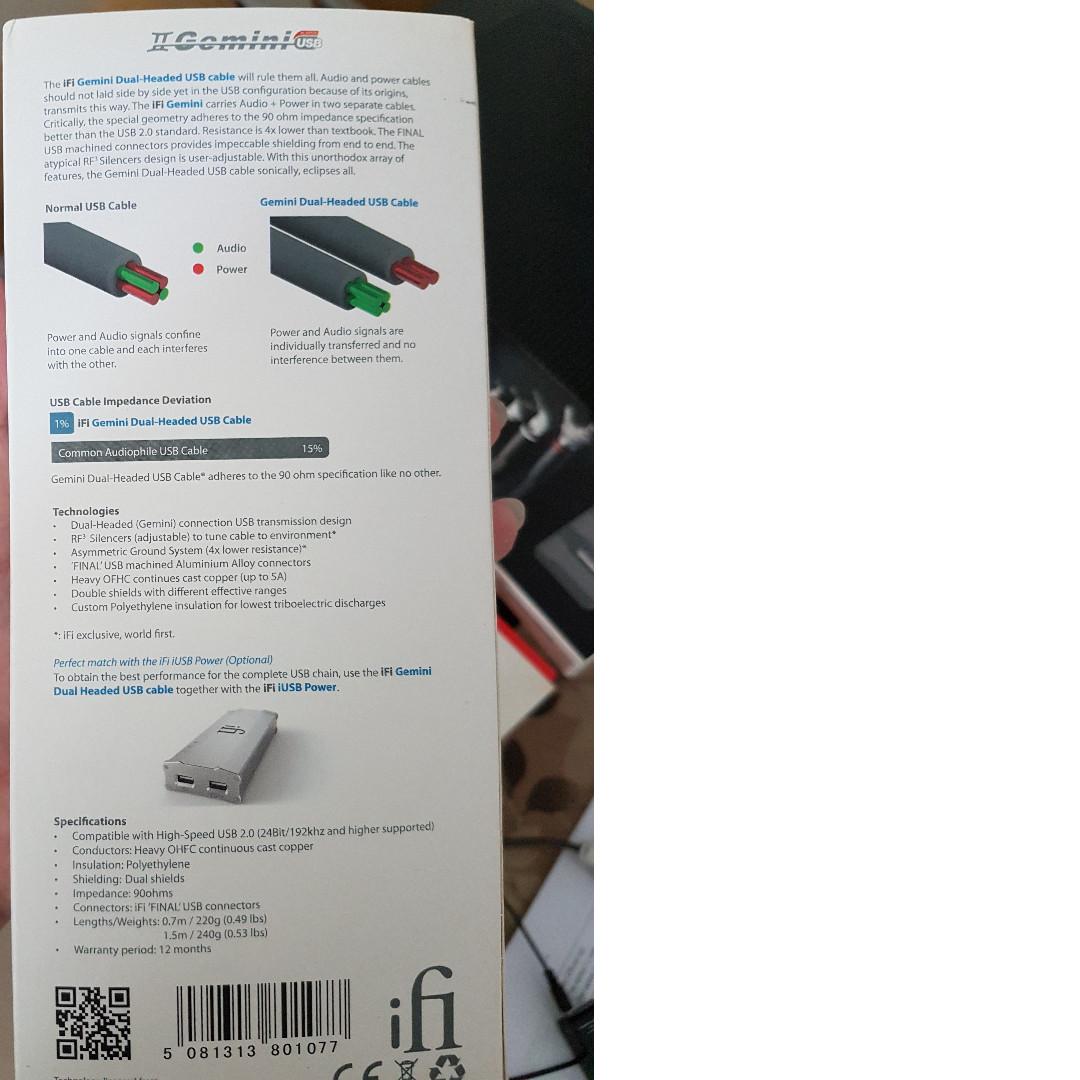 Ifi Audio Gemini Dual Headed USB 2.0 Cable (1.5m), Audio, Portable ...