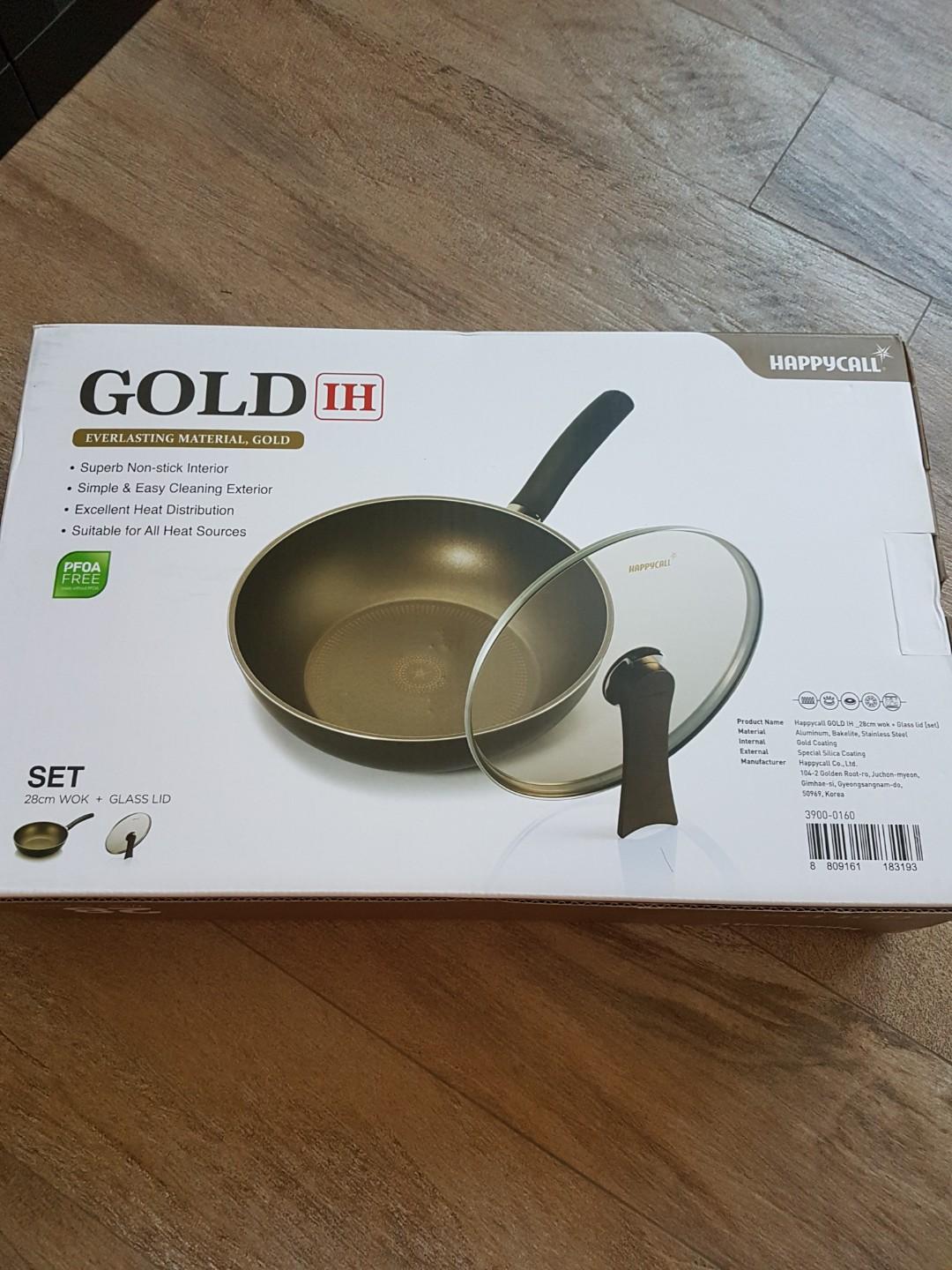 Wok 28cm + glass lid - Gold IH happycall, Furniture & Home Living, Kitchenware & Tableware ...