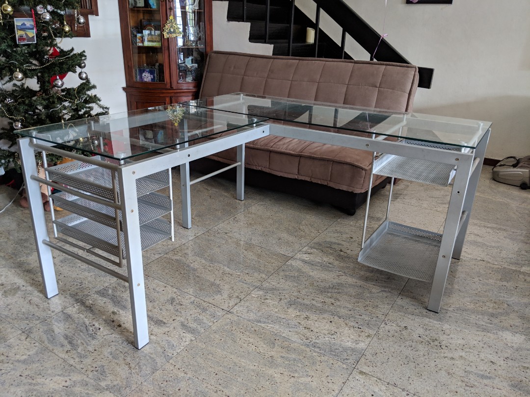 L-shaped glass study table with drawers, Furniture & Home Living ...