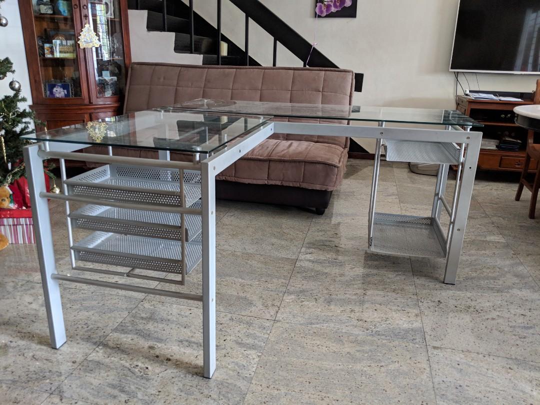 L-shaped glass study table with drawers, Furniture & Home Living ...