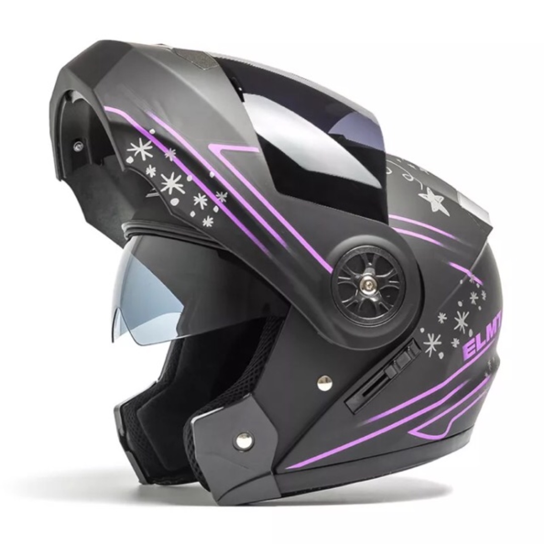 Matte Black with Purple Designs Full Face Flip Up Motorcycle Bike ...