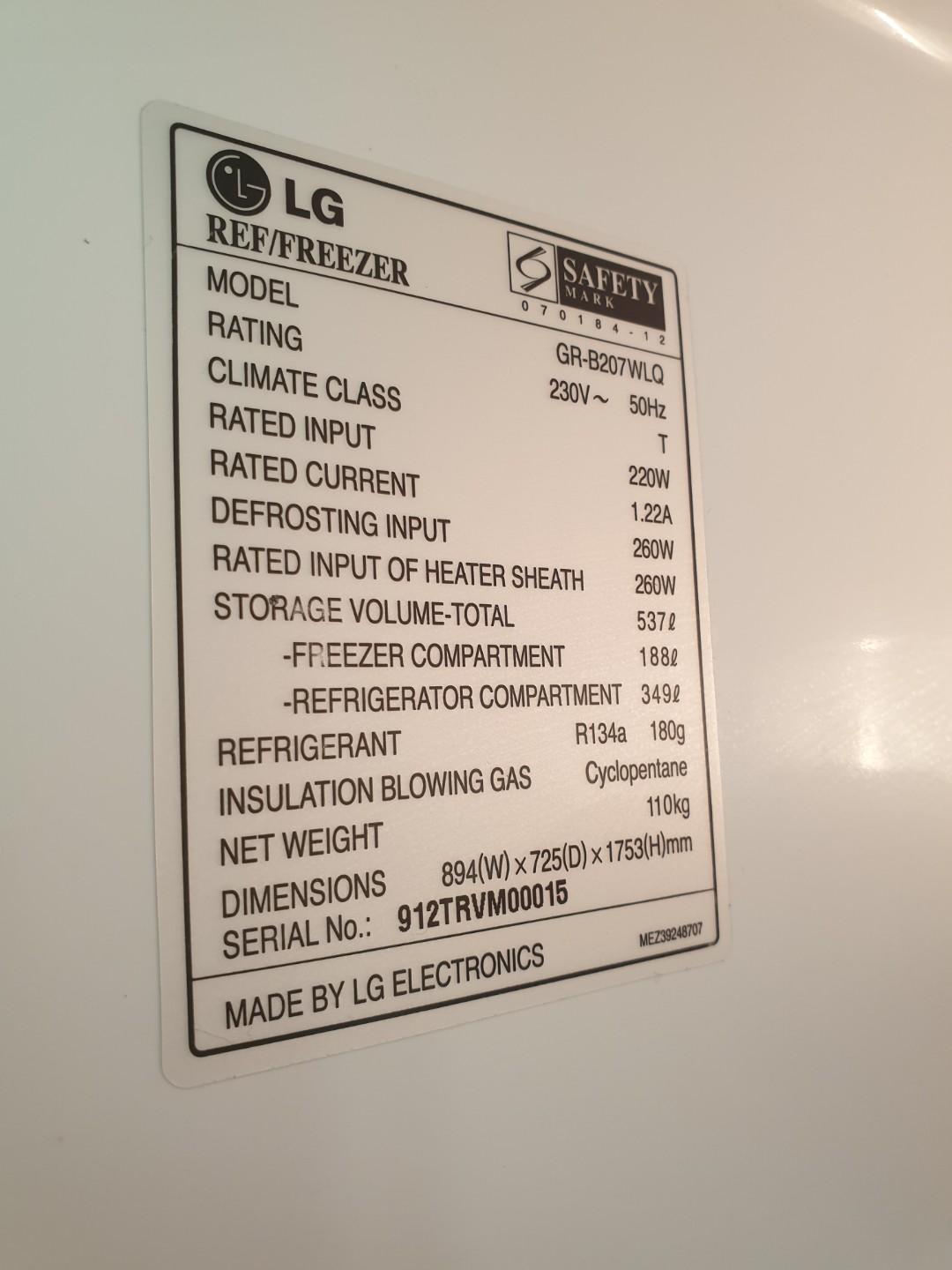 LG Ref/Freezer GR-B207WLQ, TV & Home Appliances, Kitchen Appliances ...