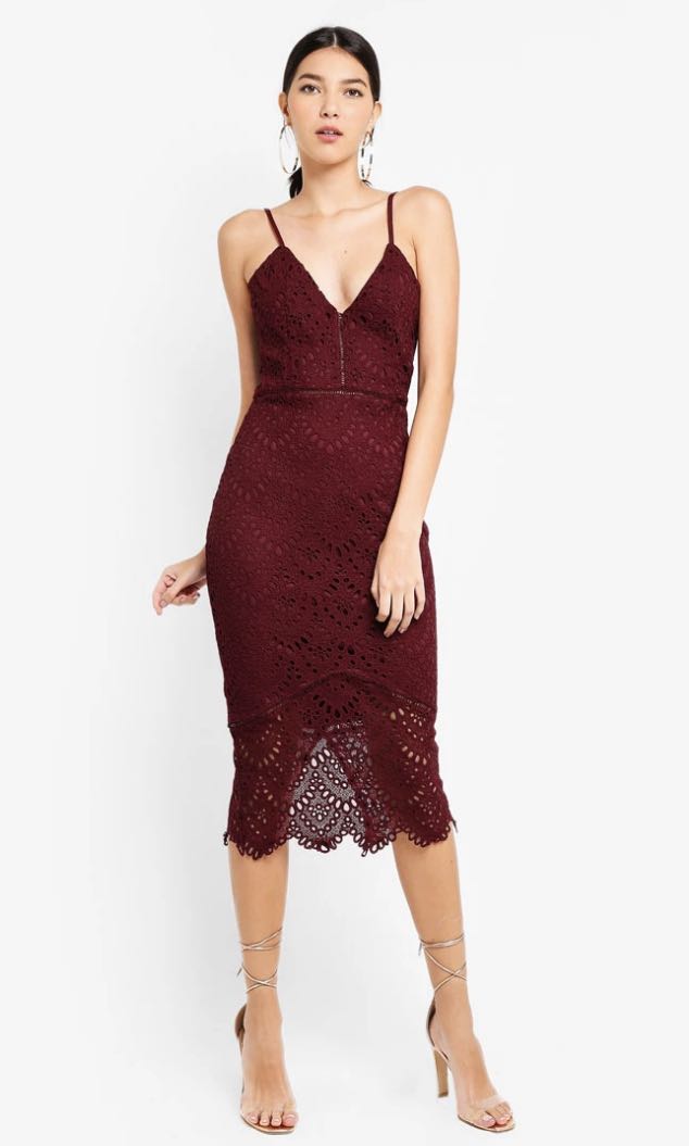 Missguided gorgeous maroon lace midi dress, Women's Fashion, Dresses ...