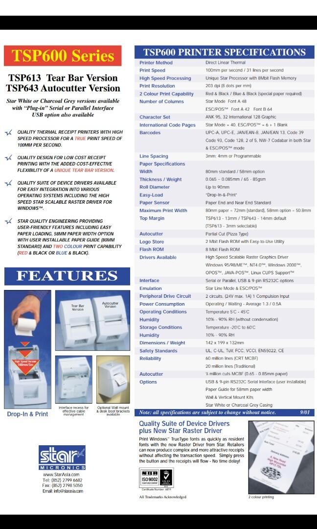 POS Star TSP600 Thermal Printer, Computers & Tech, Printers, Scanners ...