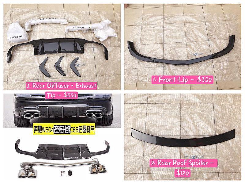 C180 W204 rear diffuser + exhaust tip (cf) front lip (cf) roof spoiler ...