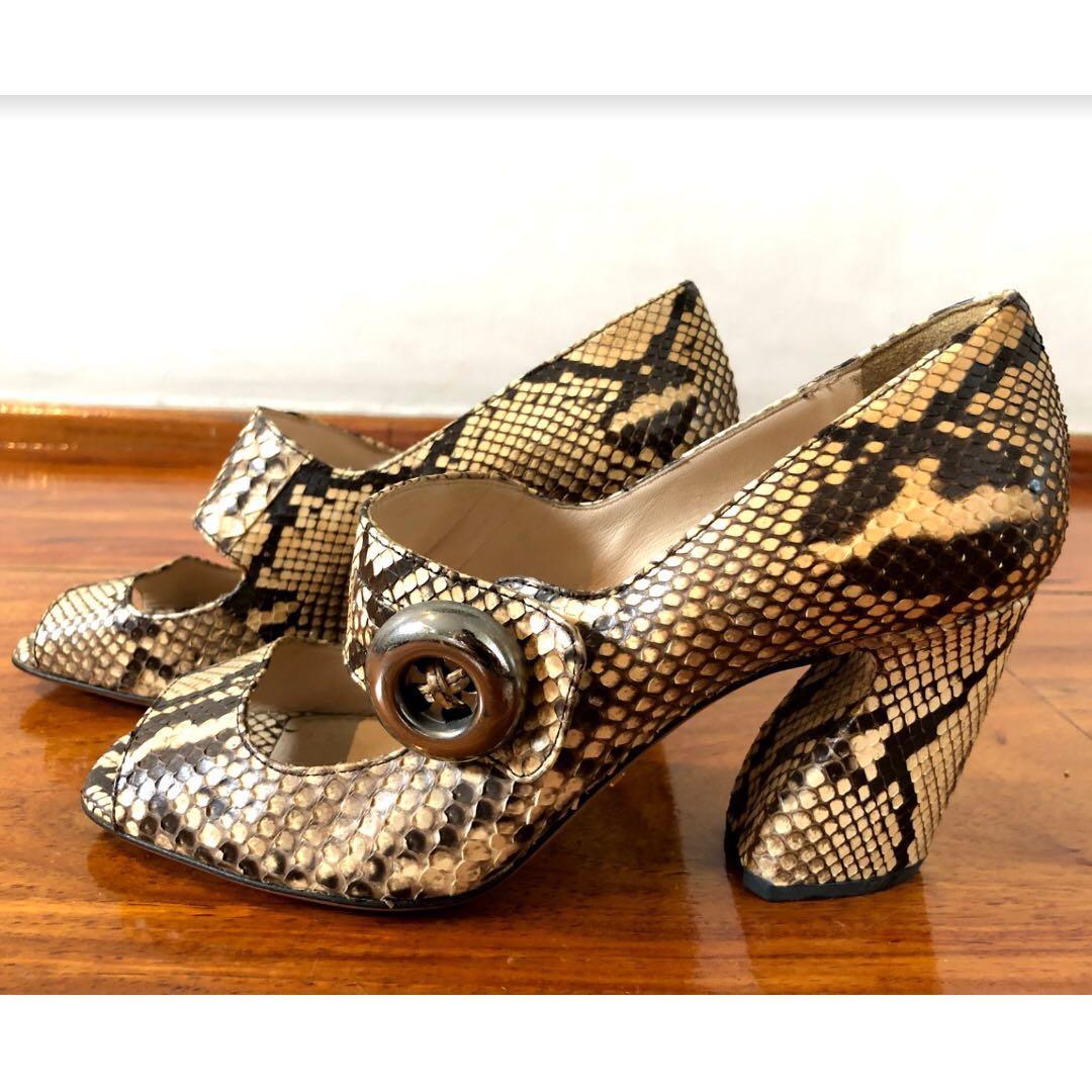 Prada Snake Skin with Strap and Button Open Pumps with Heels, Women's ...