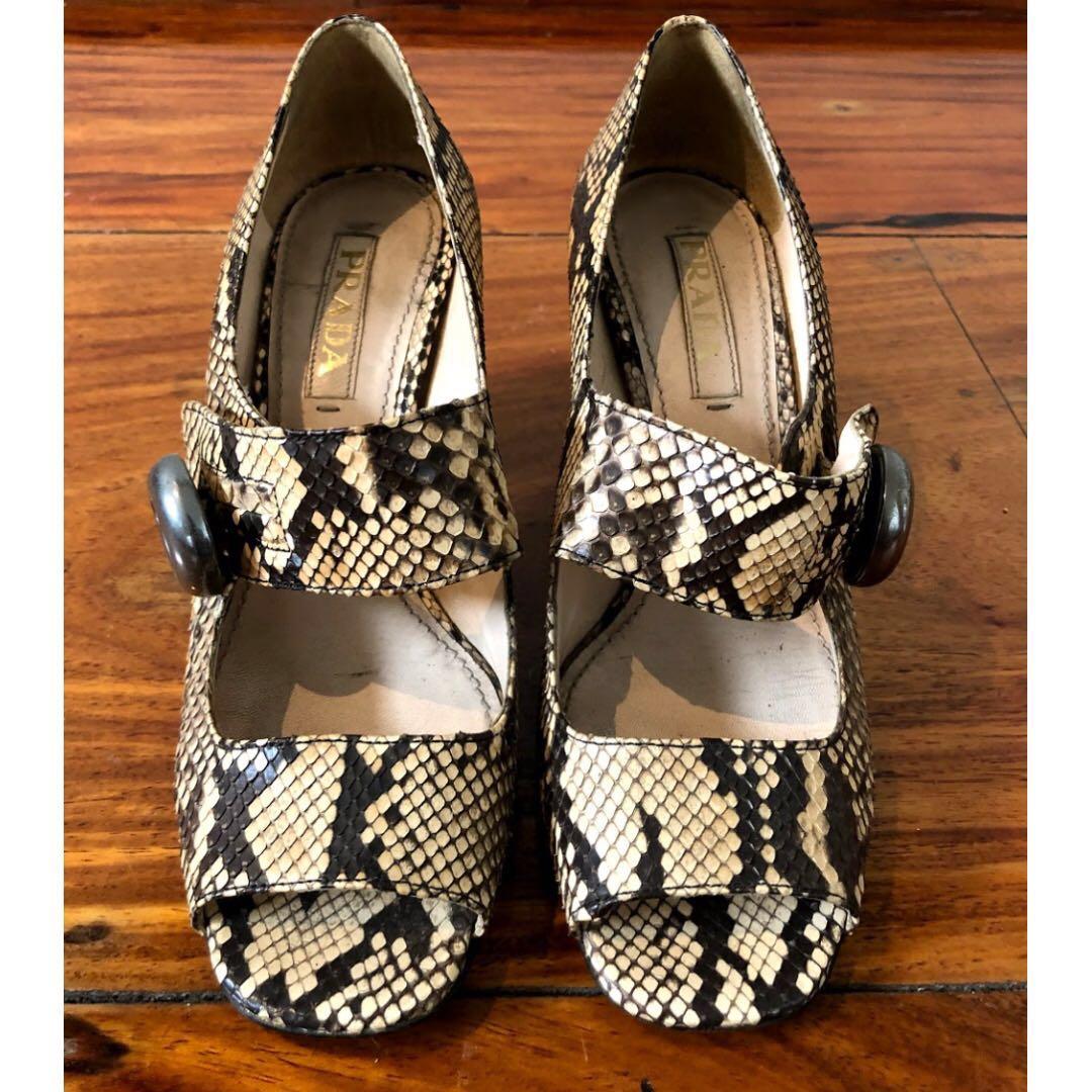 Prada Snake Skin with Strap and Button Open Pumps with Heels, Women's ...