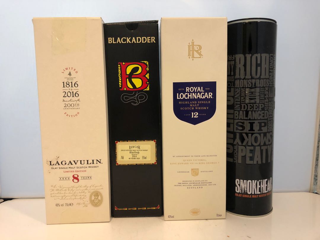 Lagavulin, Blackadder,Royal Lochnagar,Smokehead 共4個紅酒吉盒, 嘢食 & 嘢飲, 飲料 ...