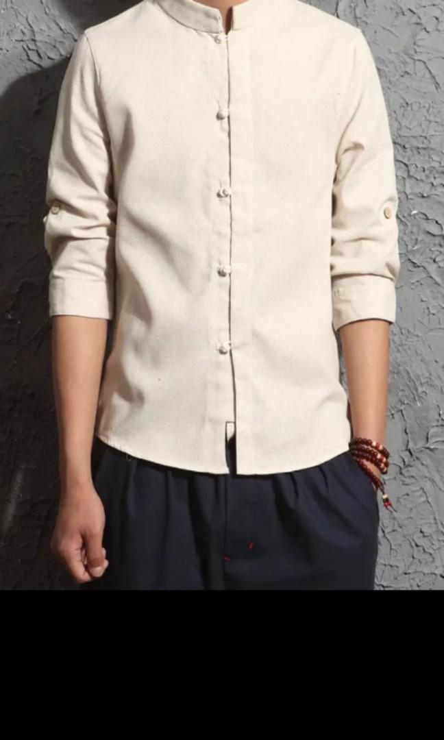 Men mandarin chinese collar linen shirt, Men's Fashion, Tops & Sets ...