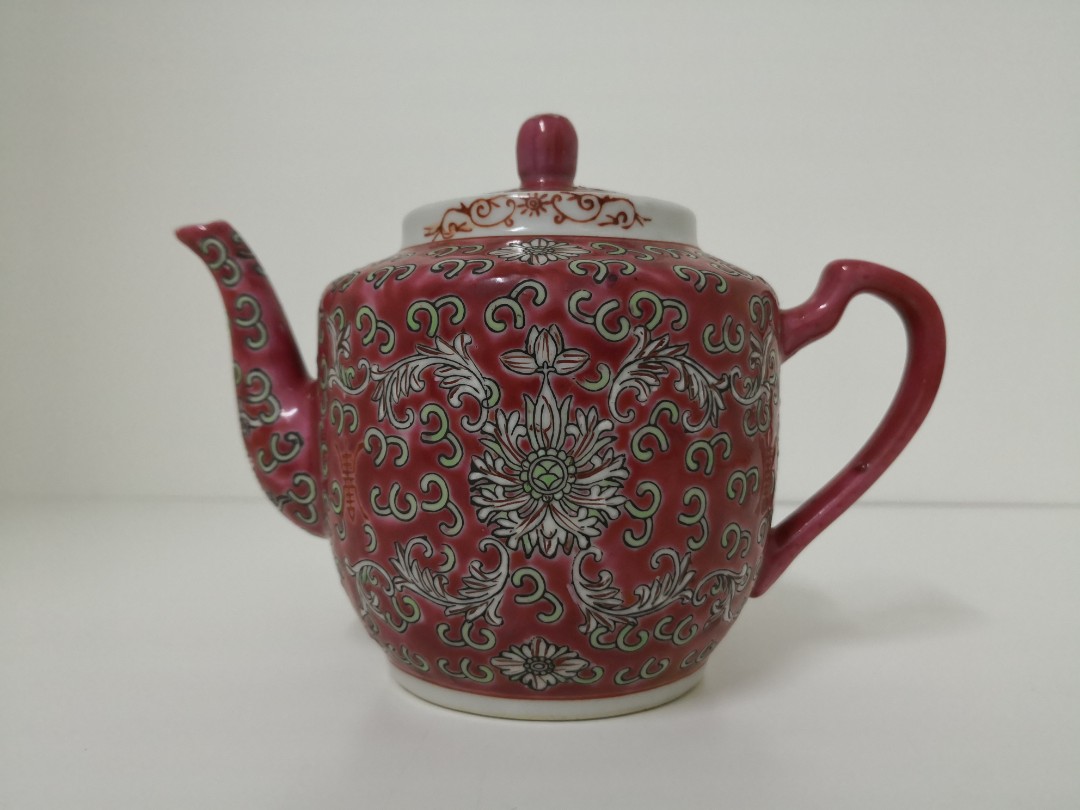 Vintage Chinese red flower teapot, Furniture & Home Living, Home Decor ...