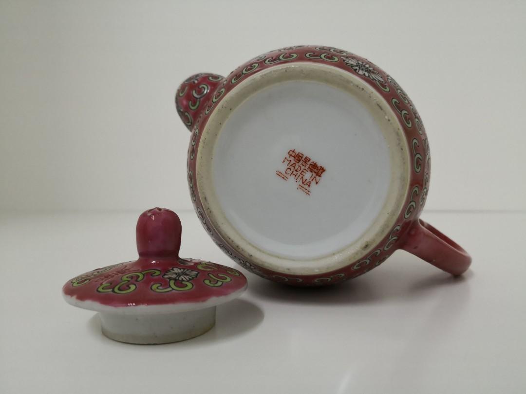 Vintage Chinese red flower teapot, Furniture & Home Living, Home Decor ...