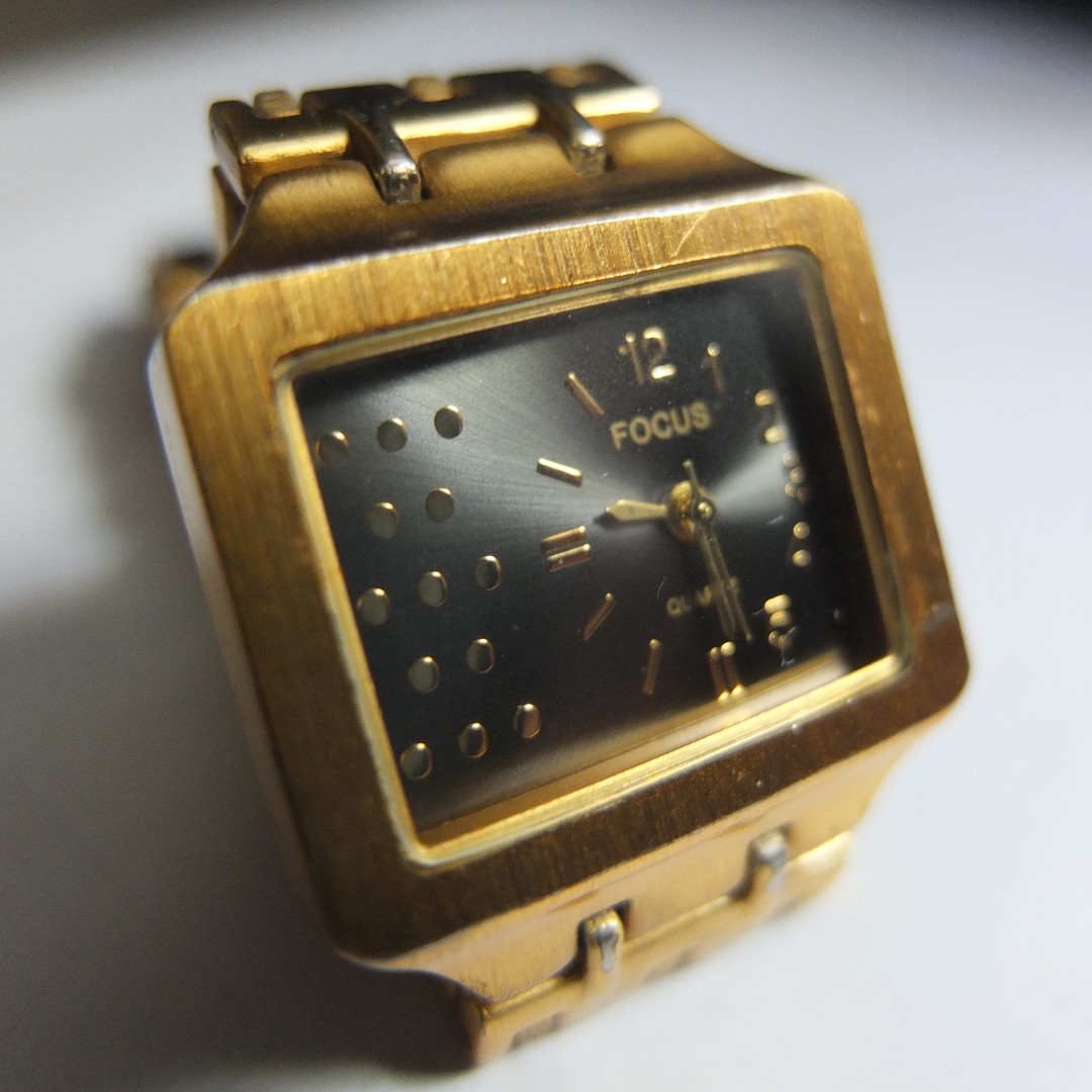 Focus Quartz Black Rectangular Dial, Gold Plated Case Watch, Women's ...