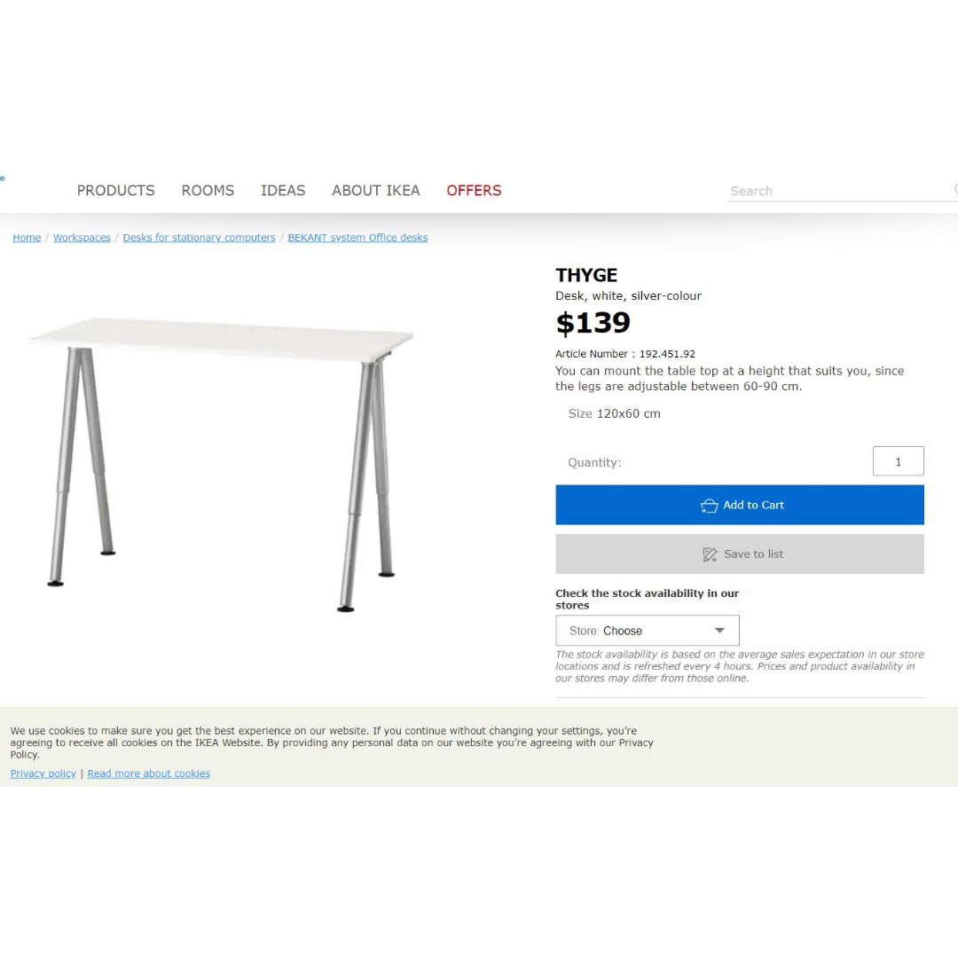 Ikea THYGE Desk (Adjustable height), Furniture & Home Living, Furniture ...