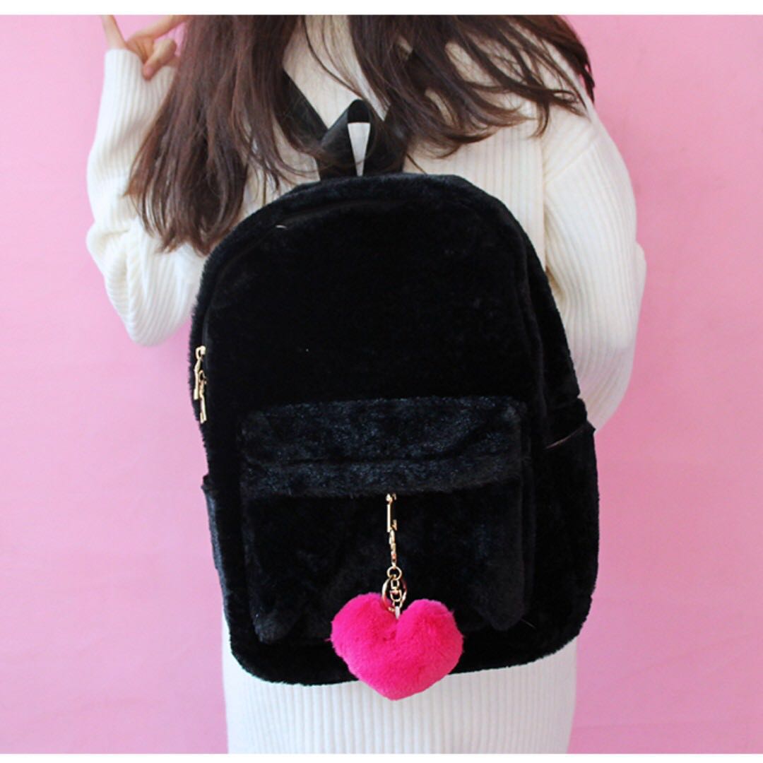 Furry backpack in BLACK, Women's Fashion, Bags & Wallets, Backpacks on ...