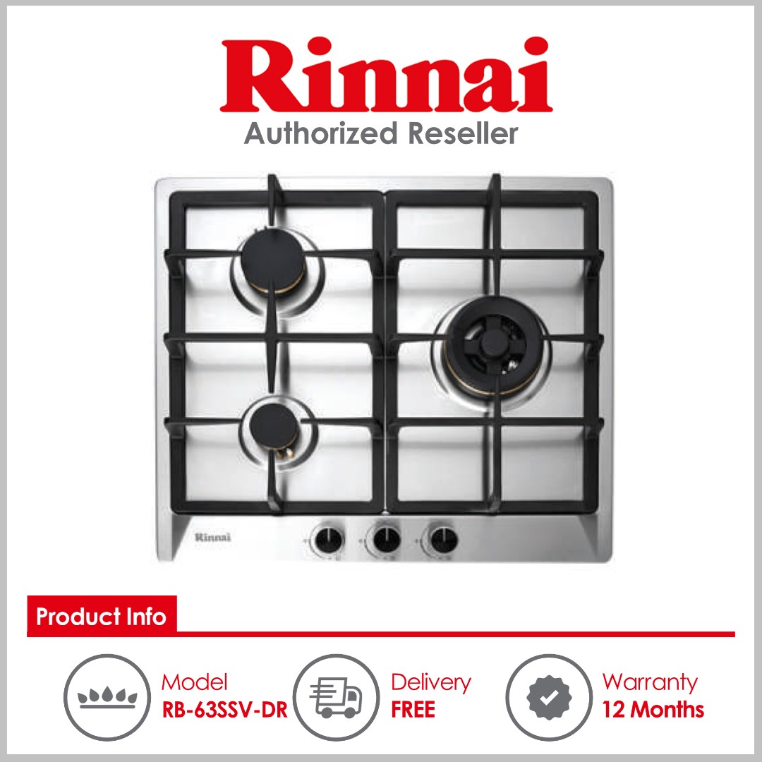 Rinnai (RB-63SSV-DR DC) 60cm 3 Burner Built-In Gas Hob with Stainless Steel Top, TV & Home ...