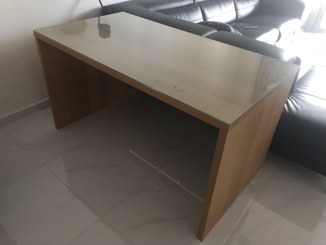 Big Flat Computer Desk Pine Color with Glass Top, Furniture & Home ...
