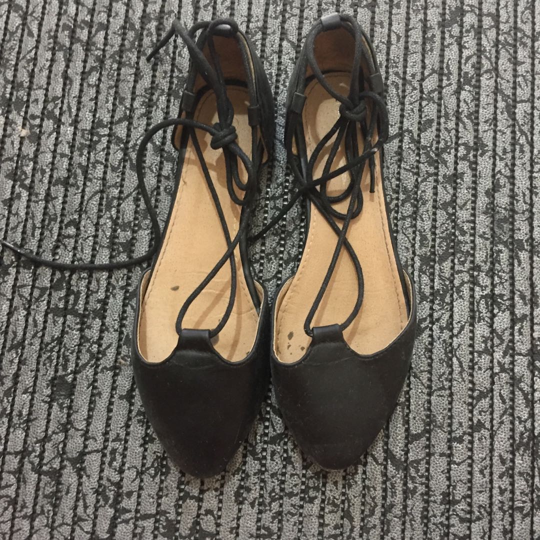 Black flats with long string, Women's Fashion, Footwear, Flats ...