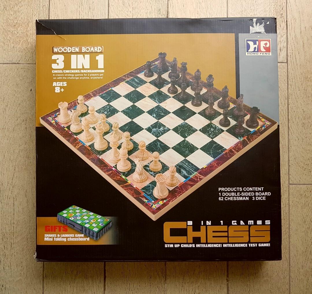 Hong Feng 3-in-1 wooden chess board, Hobbies & Toys, Toys & Games on ...