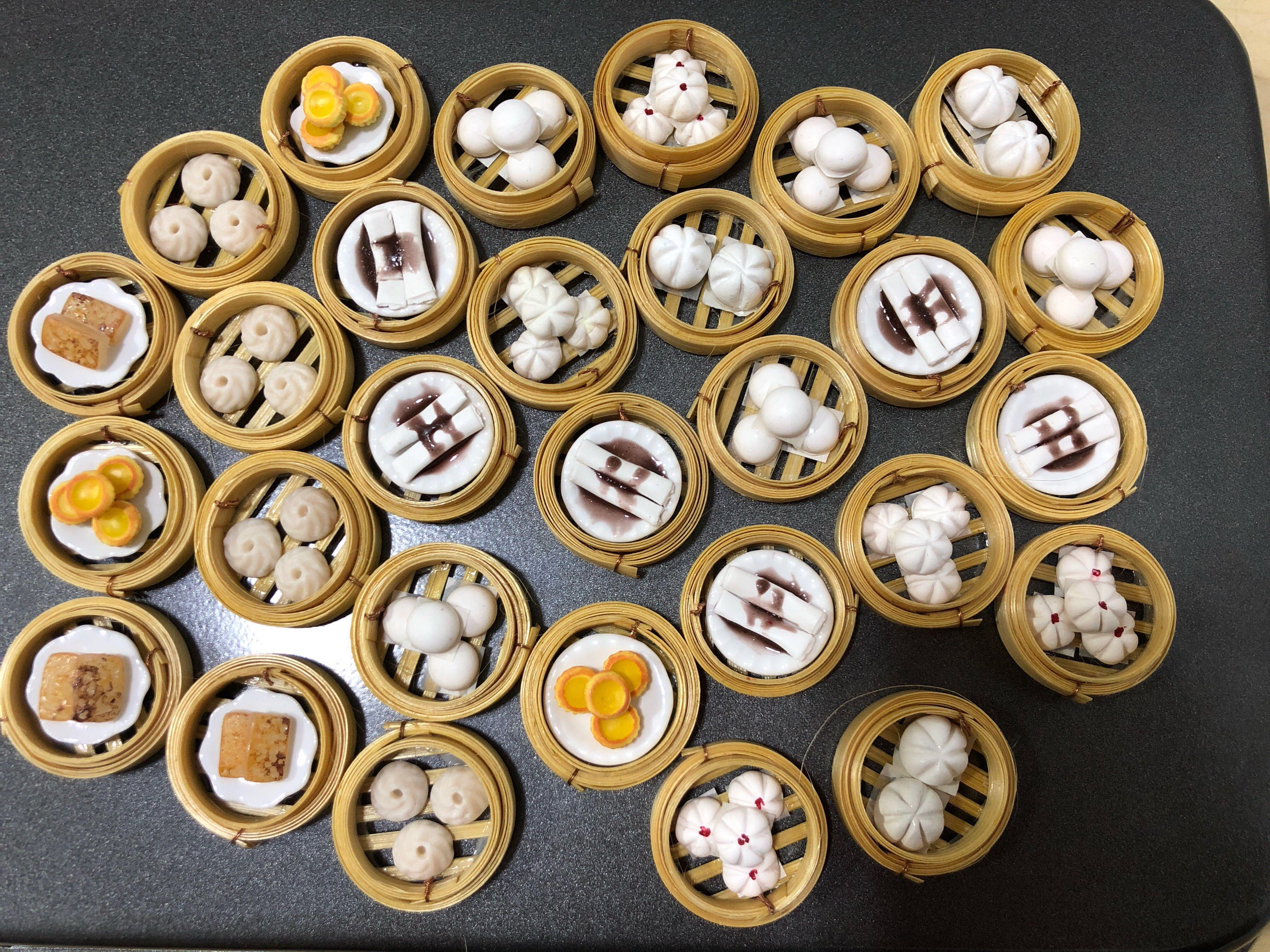 Handmade Miniature Dim sum set on bamboo tray (clay), Hobbies & Toys ...