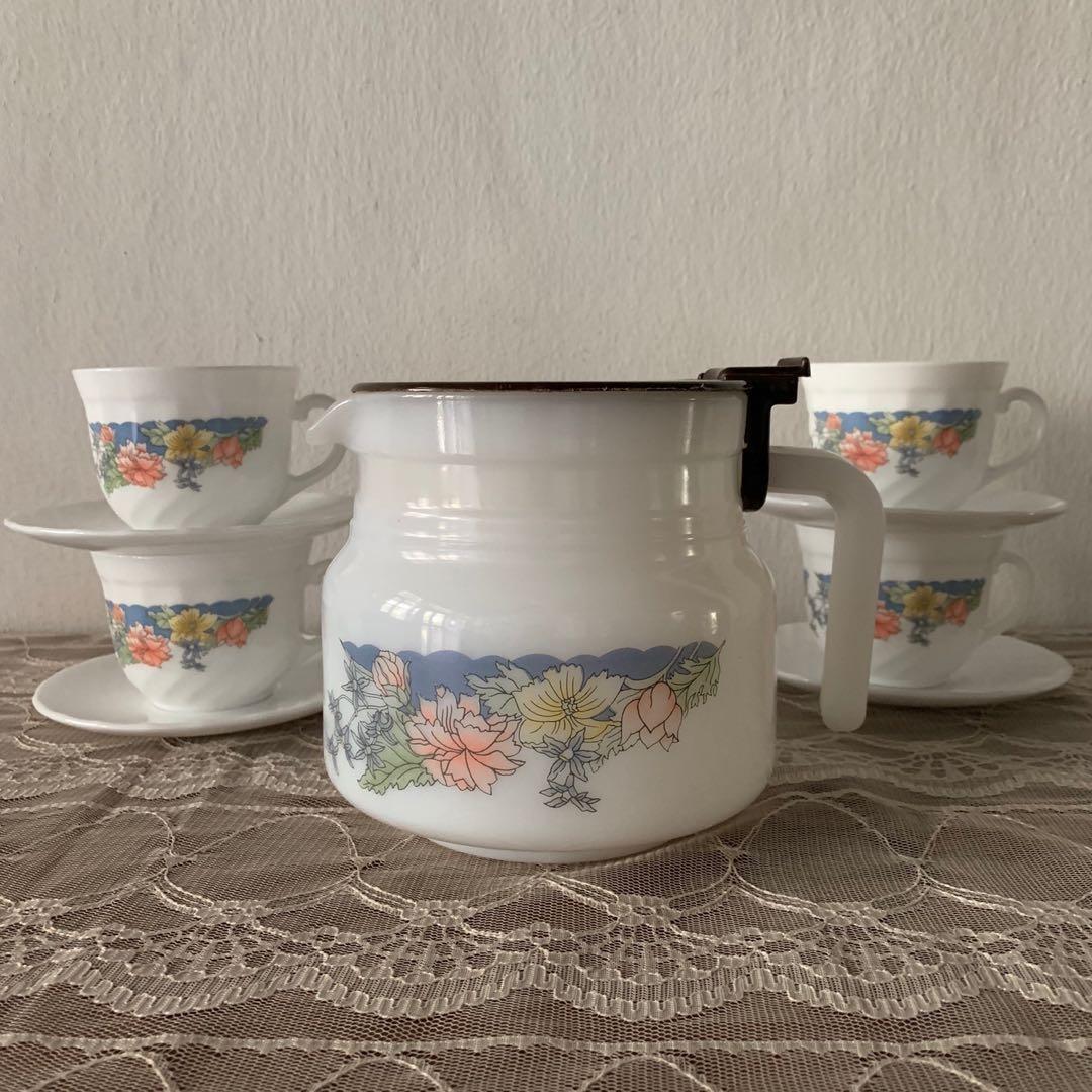 Arcopal floral coffeepot and 4 cups and 4 saucers - milk glass vintage ...