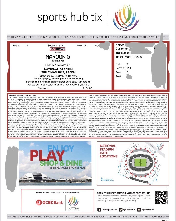 Maroon 5 cat 6 ticket, Tickets & Vouchers, Event Tickets on Carousell