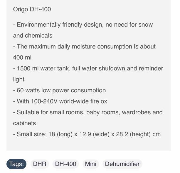 Origo DH-400 迷你抽濕機 mini dehumidifier, 家庭電器, 空氣清新機及抽濕機 - Carousell