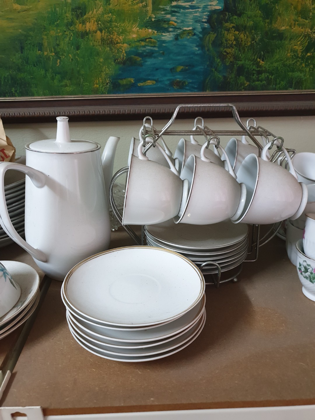 Set Antik Teko, Cawan dan Piring Silver Trim, Furniture & Home Living ...